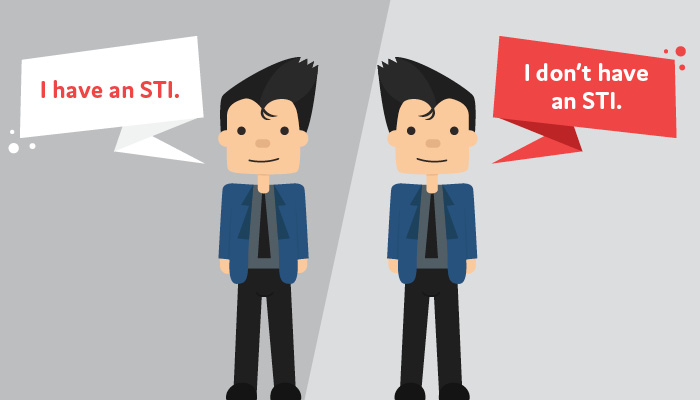 Two cartoon males: One says "I have an STI." The other says "I don't ...
